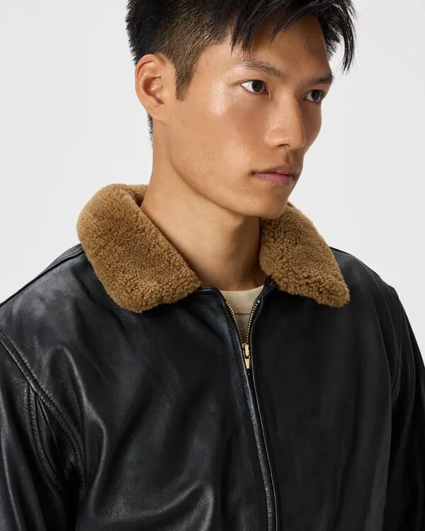 Quince Shearling Collar Leather Flight Jacket - True Black