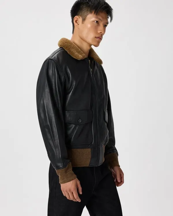 Quince Shearling Collar Leather Flight Jacket - True Black