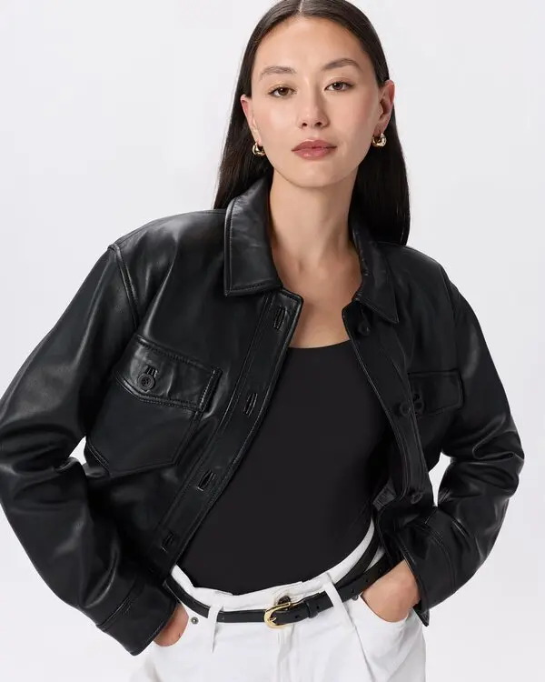 Quince Leather Cropped Jacket - Black