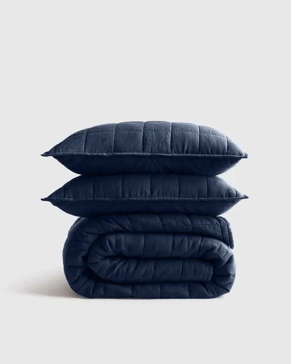 Quince European Linen Box Quilt Set, Size - Navy