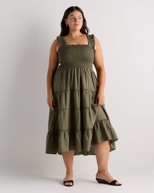 Quince 100% European Linen Smocked Midi Dress - Bayberry Olive