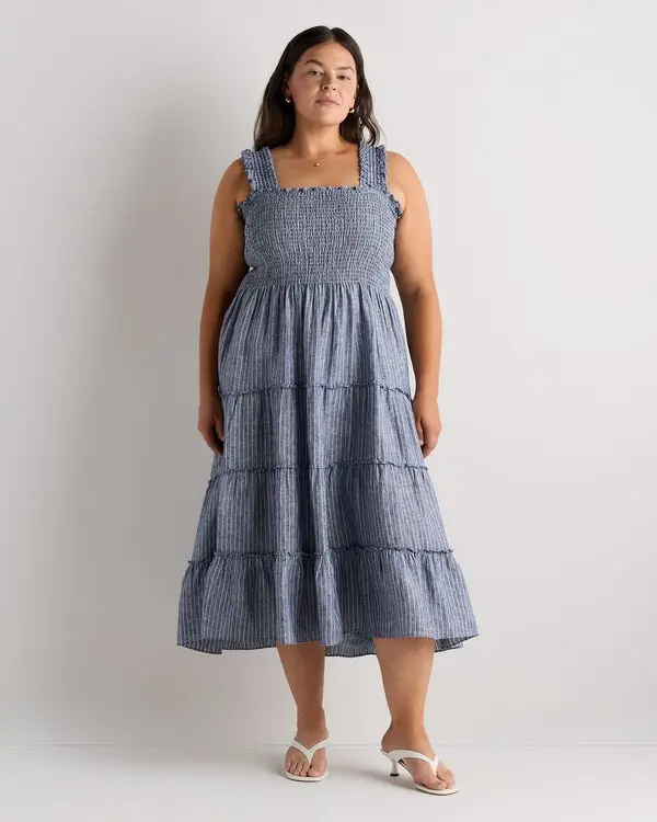 Quince 100% European Linen Smocked Midi Dress - Chambray Stripe
