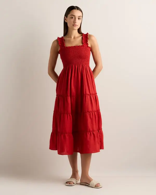 Quince 100% European Linen Smocked Midi Dress - Chile