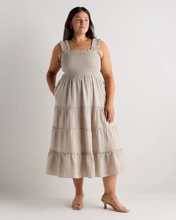 Quince 100% European Linen Smocked Midi Dress - Flax