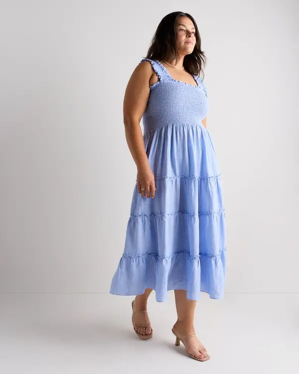 Quince 100% European Linen Smocked Midi Dress - French Blue