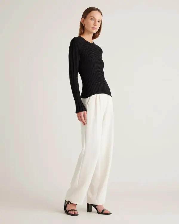 Quince Cotton Cashmere Ribbed Long Sleeve Sweater - Black