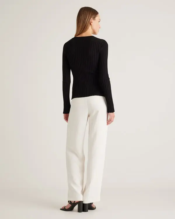 Quince Cotton Cashmere Ribbed Long Sleeve Sweater - Black
