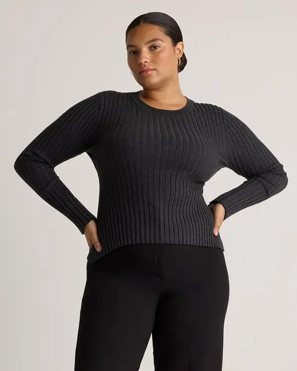 Quince Cotton Cashmere Ribbed Long Sleeve Sweater - Heather Charcoal