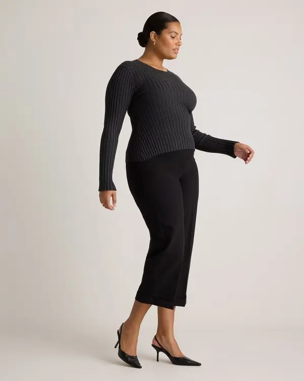Quince Cotton Cashmere Ribbed Long Sleeve Sweater - Heather Charcoal