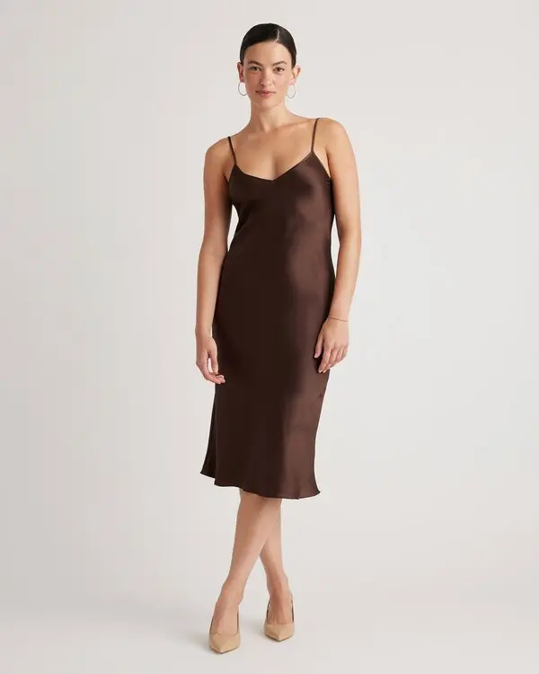 Quince 100% Washable Silk Slip Dress - Hot Fudge