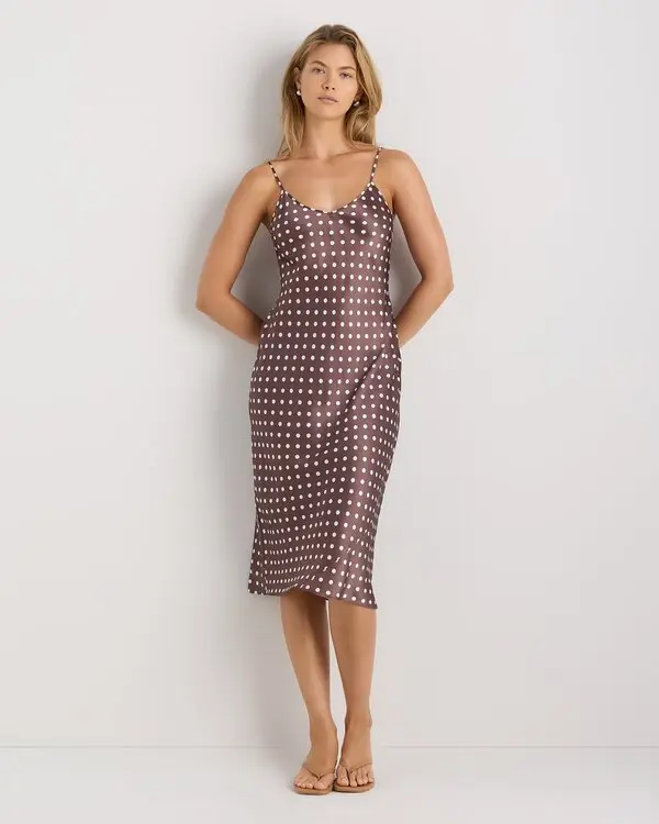 Quince 100% Washable Silk Slip Dress - Mocha Midi Dot