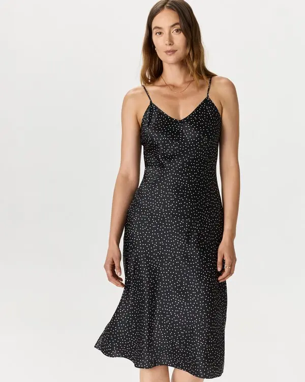 Quince Mulberry Silk Midi Slip Dress - Tiny Dot Black/ White