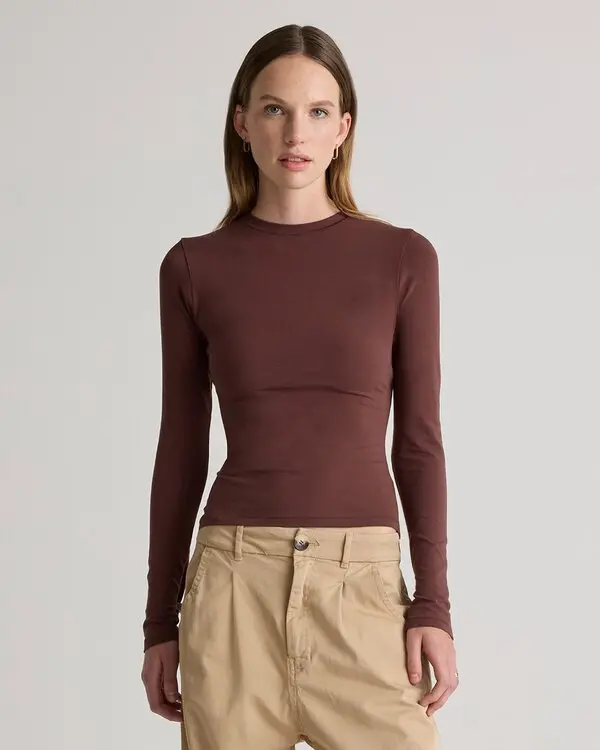 Quince Stretch Cotton Jersey Fitted Long Sleeve T-shirt - Cocoa