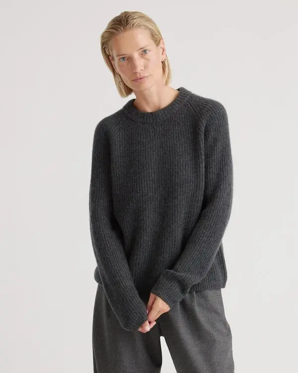 Quince Mongolian Cashmere Fisherman Crewneck Sweater - Heather Charcoal