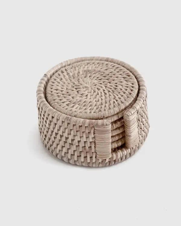 Quince 7 Piece Round Rattan Coaster Set - White Wash