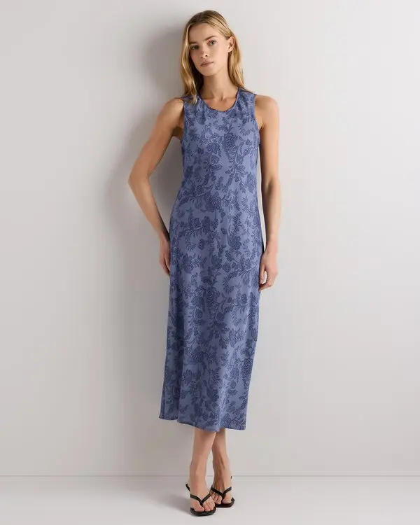 Quince Washable Stretch Silk Tank Top Midi Dress - Moonstone Blue Heirloom Floral