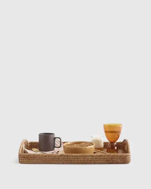 Quince Handwoven Rattan Rectangular Tray With High Handles - Honey