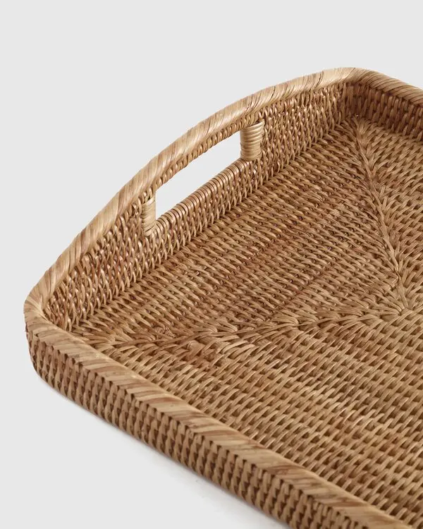 Quince Handwoven Rattan Rectangular Tray With High Handles - Honey