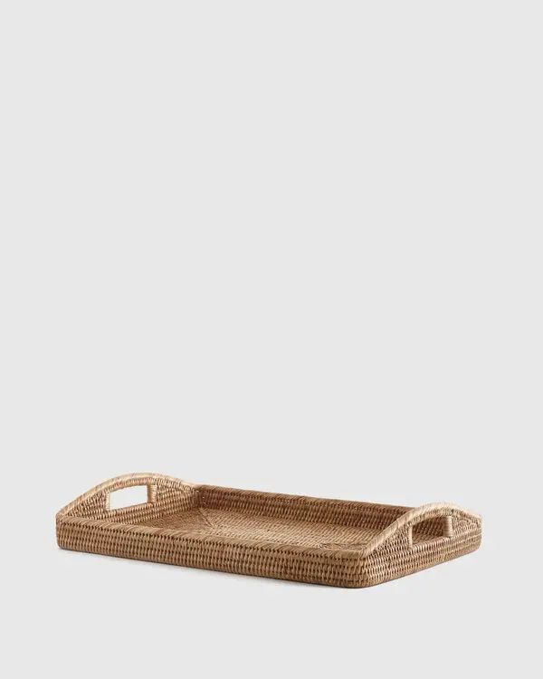 Quince Handwoven Rattan Rectangular Tray With High Handles - Honey