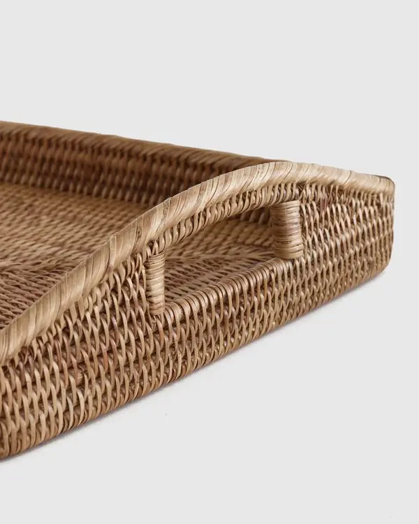 Quince Handwoven Rattan Rectangular Tray With High Handles - Honey