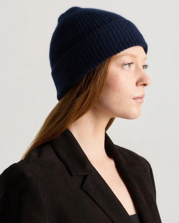 Quince Signature Grade A Cashmere Ribbed Beanie - True Navy