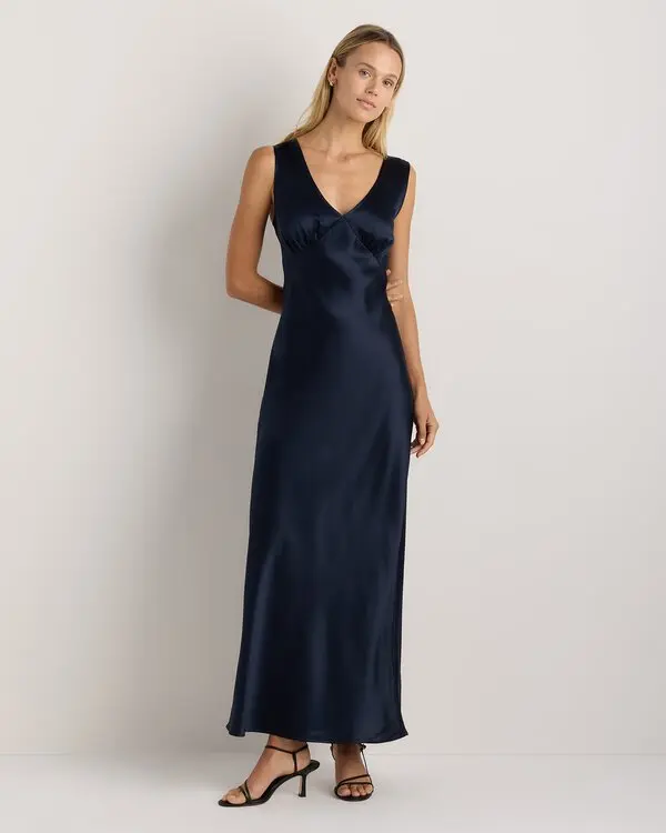 Quince V-neck Silk Maxi Dress - Navy