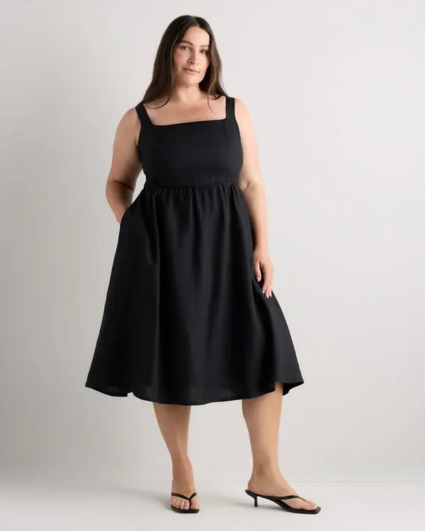 Quince 100% European Linen Fit & Flare Midi Dress - Black