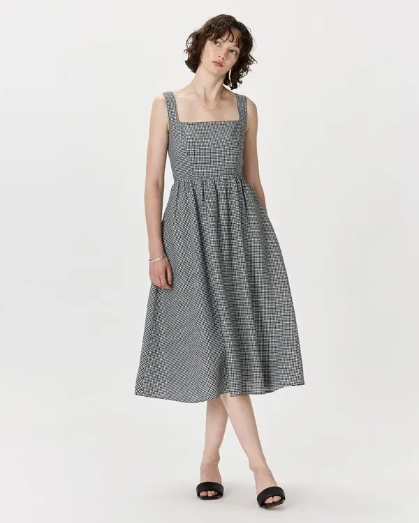 Quince 100% European Linen Fit & Flare Midi Dress - Classic Mini Gingham