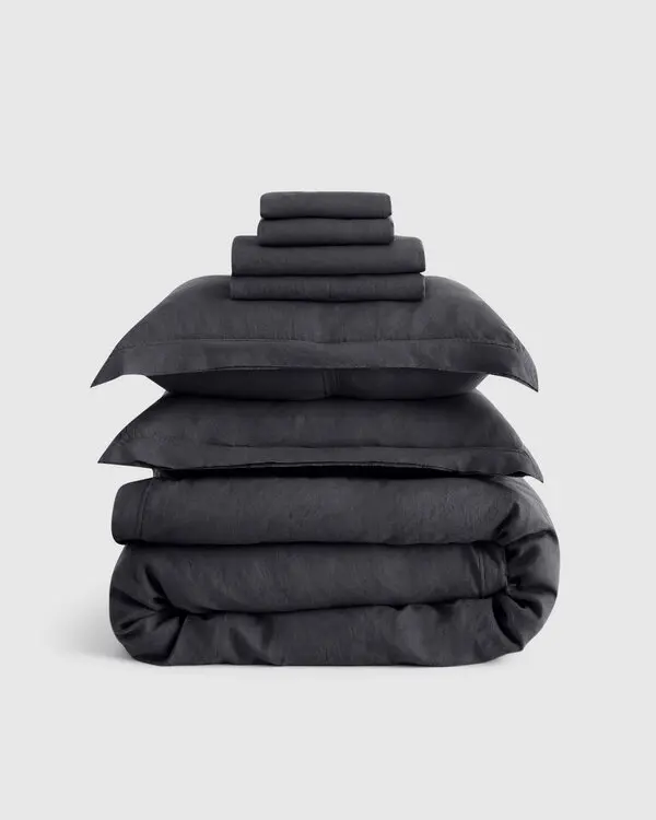 Quince European Linen Double Flange Deluxe Bedding Bundle - Charcoal