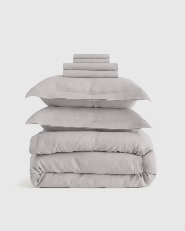 Quince European Linen Double Flange Deluxe Bedding Bundle - Light Grey
