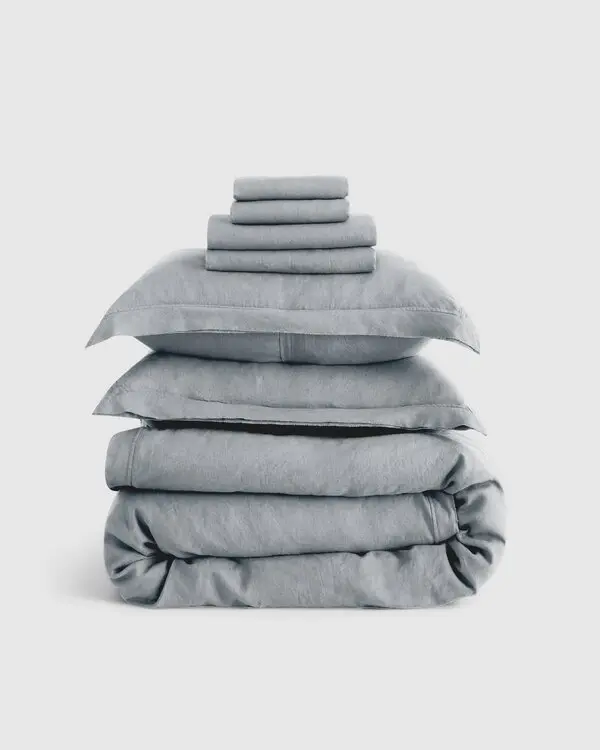 Quince European Linen Double Flange Deluxe Bedding Bundle - Mist