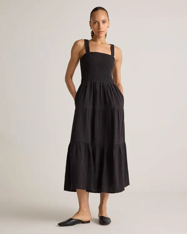 Quince Organic Cotton Gauze Smocked Sleeveless Maxi Dress - Black
