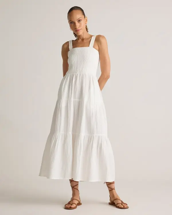 Quince Organic Cotton Gauze Smocked Sleeveless Maxi Dress - White