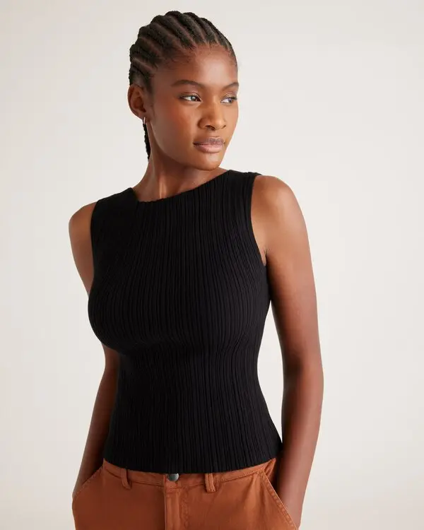 Quince Cotton Cashmere Ribbed Tank Top - Black