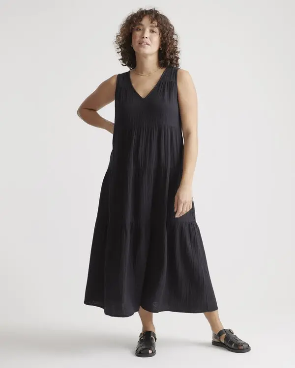 Quince Gauze Tiered Maxi Dress - Black