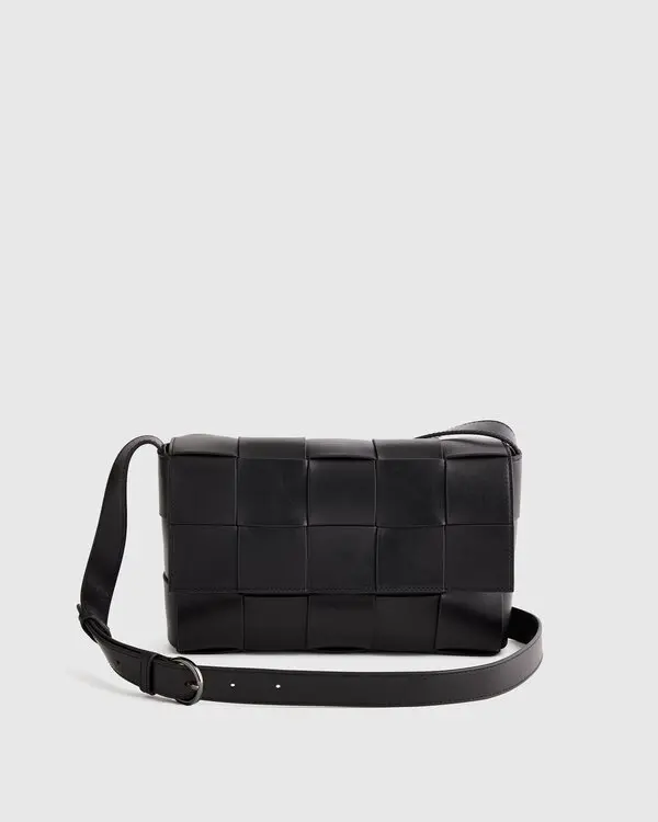 Quince Italian Leather Handwoven Flap Crossbody - Black