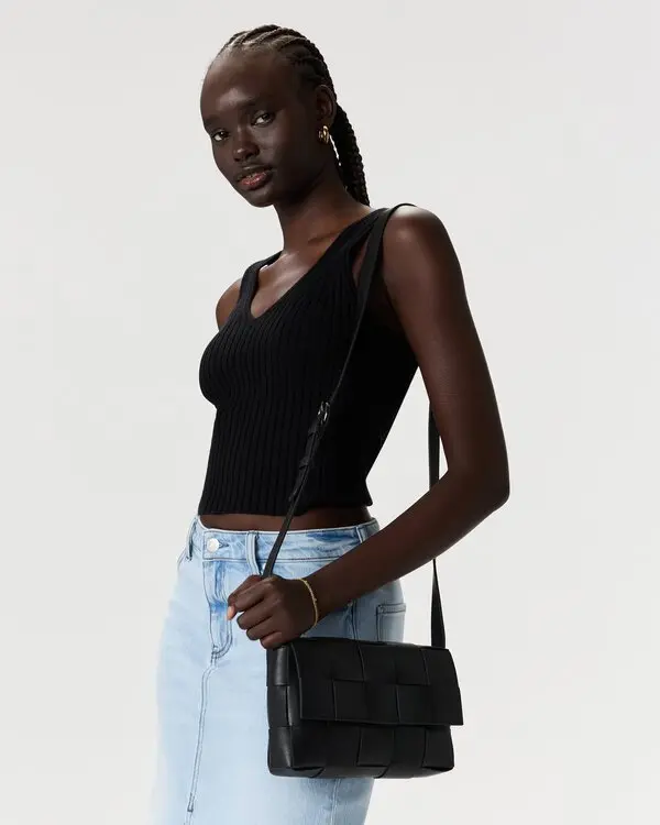 Quince Italian Leather Handwoven Flap Crossbody - Black