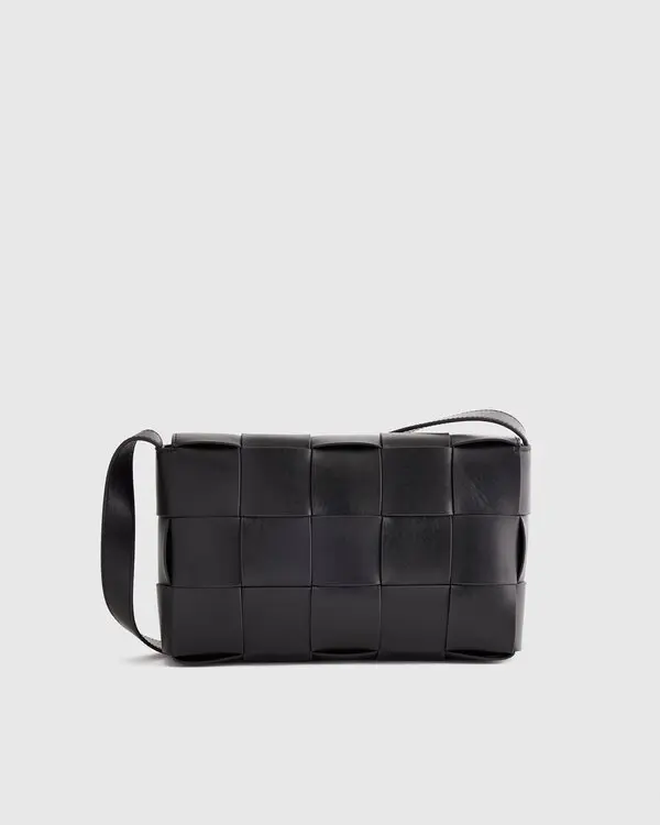 Quince Italian Leather Handwoven Flap Crossbody - Black