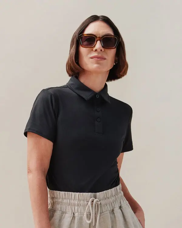 Quince Flowknit Breeze Short Sleeve Polo - True Black