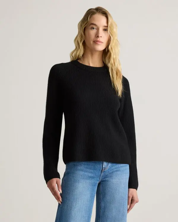 Quince Mongolian Cashmere Fisherman Crewneck Knit Sweater - Black