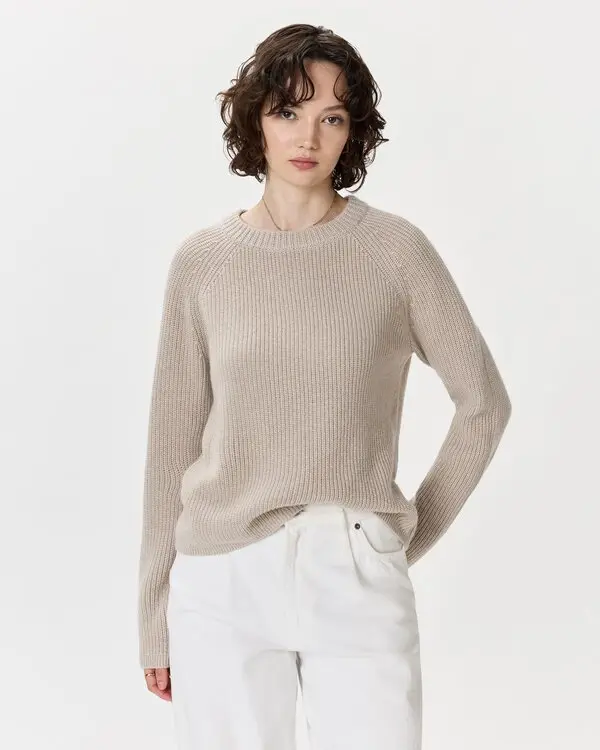 Quince Mongolian Cashmere Fisherman Crewneck Knit Sweater - Heather Cloud Beige