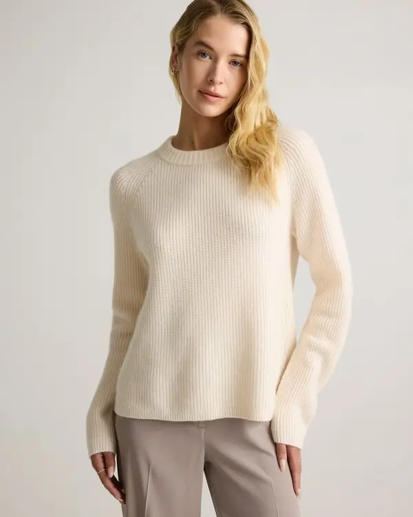 Quince Mongolian Cashmere Fisherman Crewneck Knit Sweater - Ivory