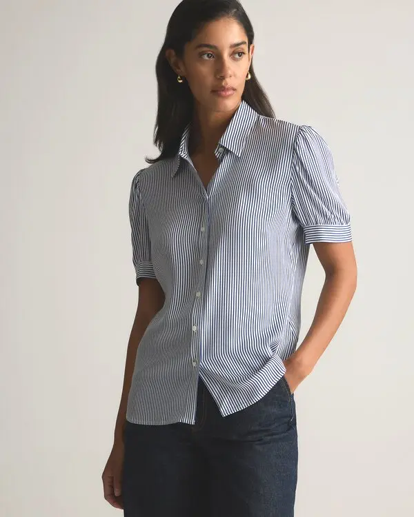 Quince Washable Stretch Silk Puff Sleeve Blouse - Evie Stripe