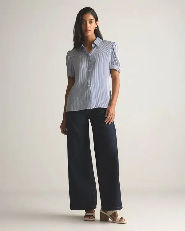Quince Washable Stretch Silk Puff Sleeve Blouse - Evie Stripe