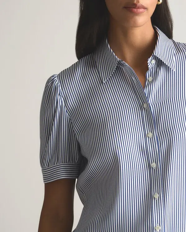 Quince Washable Stretch Silk Puff Sleeve Blouse - Evie Stripe