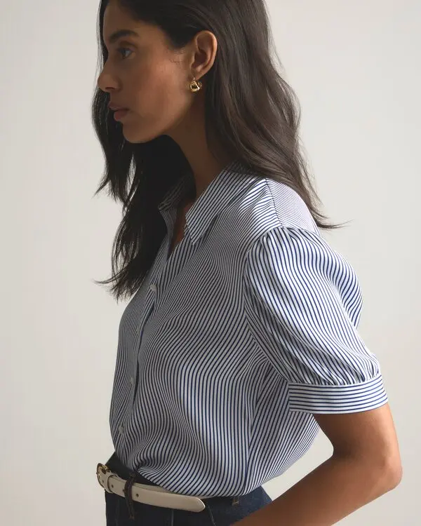 Quince Washable Stretch Silk Puff Sleeve Blouse - Evie Stripe