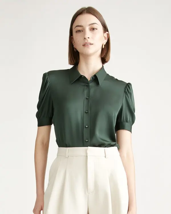 Quince Washable Stretch Silk Puff Sleeve Blouse - Forest Green