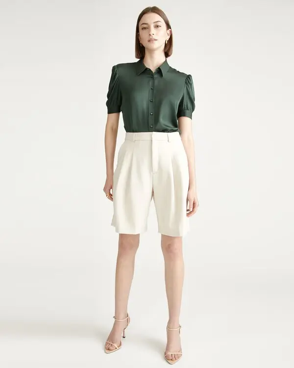 Quince Washable Stretch Silk Puff Sleeve Blouse - Forest Green