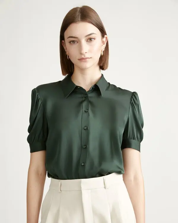 Quince Washable Stretch Silk Puff Sleeve Blouse - Forest Green