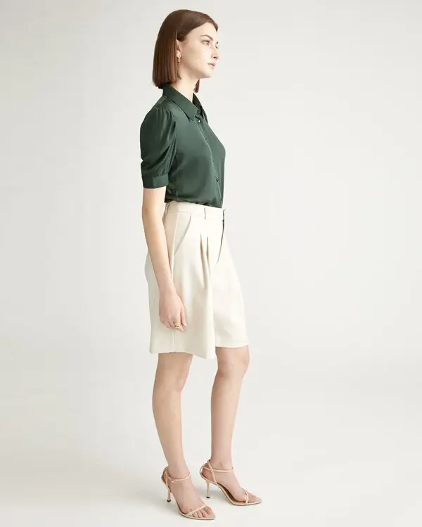 Quince Washable Stretch Silk Puff Sleeve Blouse - Forest Green
